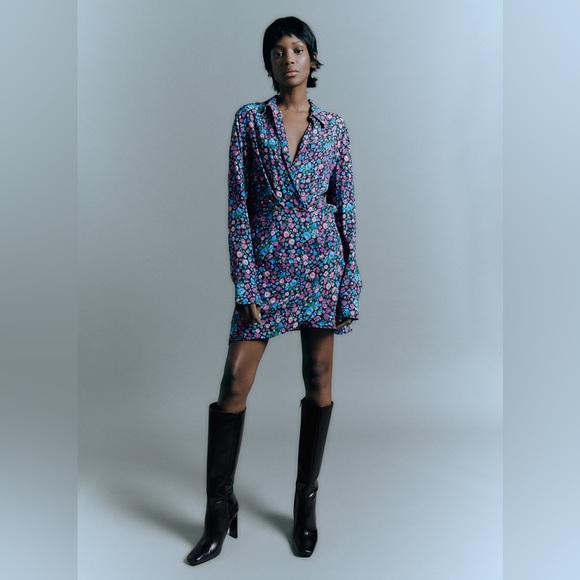 Zara | Dresses | Zara Blue Purple Floral Plunging Wrap Style Long ...